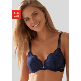 Push-up-BH Lascana "Kira", Damen, Gr. 70, Cup B, royalblau, schwarz, Spitze, Obermaterial: 50% Polyamid, 43% Polyester, 7% Elasthan, BHs Push-up-BH, mit extravagantem B&auml;nderdetail an den Tr&auml;gern, Dessous