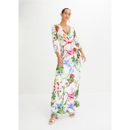 Maxikleid bonprix, Damen, Gr. 32/34 (XS), N-Gr, bunt (wei&szlig;, pink floral), Obermaterial: 95% Polyester, 5% Elasthan, tailliert, Kleider Maxikleid, mit 3/4-&Auml;rmeln, taillierte Passform, aus Polyester und Elasthan