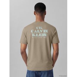 T-Shirt Calvin Klein Jeans, Jungen, Gr. L, beige (plaza taupe), Jersey, Obermaterial: 100% Baumwolle, unifarben, regular fit normal, Rundhals, eingesetzt abgesteppte Kante, Shirts T-Shirt, Rundhalsausschnitt, reine Baumwolle, gro&szlig;er R&uuml;ckendruck