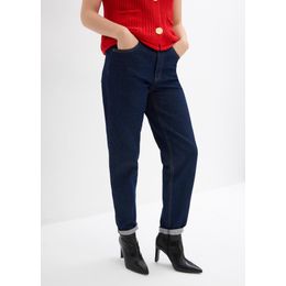bonprix Damen Mom-Jeanstiefblau denim ungewaschen (l&auml;nge: regul&auml;r), Gr. 36, Obermaterial: 99% Baumwolle, 1% Elasthan, Jeans, hoher Bund, verk&uuml;rzte