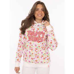 Hoodie Zwillingsherz "AOP Flower Happy Vibes", Damen, Gr. L, colorful flower, Sweatware, Obermaterial: 50% Baumwolle, 50% Polyester, Sweatshirts Hoodie, All-Over-Print, gestickter Schriftzug, Kapuze, elastische B&uuml;ndchen