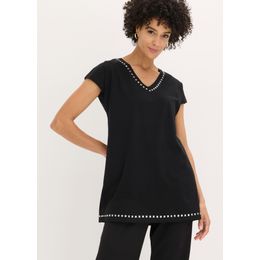 Longshirt bonprix, Damen, Gr. 36/38 (S), schwarz, silber, Obermaterial: 95% Baumwolle, 5% Elasthan, bequem, Shirts Longshirt, bequeme Passform, mit Nietenapplikation, Kurzarm-Design