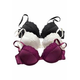 Push-up-BH Petite Fleur, Damen, Gr. 70, Cup C, rot (schwarz, creme, beere), Spitze, Obermaterial: 59% Polyester, 19% Baumwolle, 11% Elasthan, 11% Polyamid, BHs Push-up-BH, mit B&uuml;gel im attraktiven Multipack, Dessous