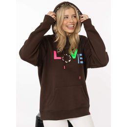 Hoodie Zwillingsherz "LOVE", Damen, Gr. L/XL, braun (dunkelbraun), Sweatware, Obermaterial: 50% Baumwolle, 50% Polyester, Sweatshirts Hoodie, Kapuzeninnenseite mit Leomuster, gro&szlig;er Print, K&auml;ngurutasche