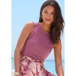 Strandtop Lascana, Damen, Gr. 36/38, lila (bordeaux), Single Jersey, Obermaterial: 100% Viskose, unifarben, figurumspielend h&uuml;ftlang, Rundhals, Tops Strandtop, mit Zierkn&ouml;pfen, Sommertop, Basic