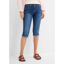 Caprijeans bonprix, Damen, Gr. 40, N-Gr, blau used (l&auml;nge: regul&auml;r), Obermaterial: 82% Baumwolle, 17% Polyester, 1% Elasthan, regular fit, Jeans, mit Stretch-Anteil, leichte Waschung, 5-Pocket-Style