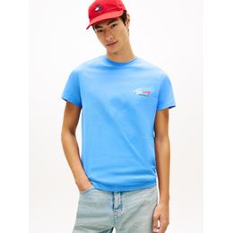 T-Shirt Tommy Jeans "TJM SLIM FIT SIGN CHEST", Jungen, Gr. 4XL, blau twilight, Single Jersey, Obermaterial: 100% Baumwolle, slim fit normal, Rundhals, eingesetzt abgesteppte Kante, Shirts T-Shirt, mit Markenprint