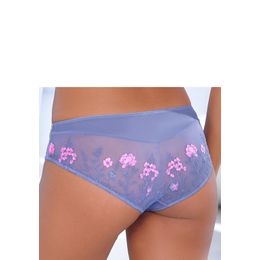 Tanga Lascana "Maria", Damen, Gr. 32/34, blau (blau, pink), Microtouch, Obermaterial: 73% Polyamid, 20% Polyester, 7% Elasthan, Unterhosen Tanga, mit blumiger Stickereispitze