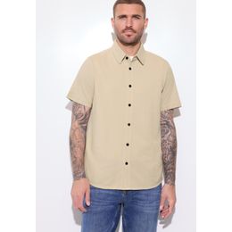 Kurzarmhemd Street One MEN, Herren, Gr. L (42), US-Gr&ouml;&szlig;en, raw beige, Web, 100% Baumwolle, unifarben, regular fit normal, V-Ausschnitt, abgesteppt, Hemden, aus reiner Baumwolle