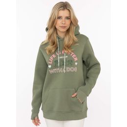 Hoodie Zwillingsherz "Better with a Dog", Damen, Gr. L/XL, gr&uuml;n (khaki), Sweatware, Obermaterial: 50% Baumwolle, 50% Polyester, Sweatshirts Hoodie, gestickte Hunde und Slogan, Kapuze mit Kordel, K&auml;ngurutasche