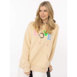 Hoodie Zwillingsherz "LOVE", Damen, Gr. L/XL, beige, Sweatware, Obermaterial: 50% Baumwolle, 50% Polyester, Sweatshirts Hoodie, Kapuzeninnenseite mit Leomuster, gro&szlig;er Print, K&auml;ngurutasche