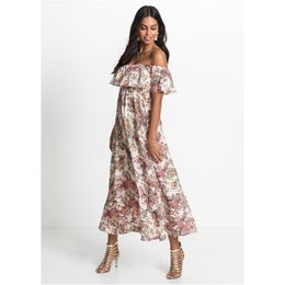 bonprix Carmen-Kleid aus flie&szlig;ender Viskose, beige, Gr.38, Charmantes Carmen-Kleid mit gro&szlig;em Volant und betonter Taille, aus Viskose