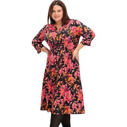 sheego Damen Druckkleid mit gesmokter Taille, Midi-L&auml;nge schwarz-gemustert Gr&ouml;&szlig;e 40