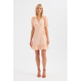 Blumiges V-Ausschnitt R&uuml;schenshirt-Kleid mit kurzen &Auml;rmeln