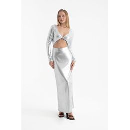 Metallic V-Ausschnitt Cut-Out Langarm-Maxi-Kleid