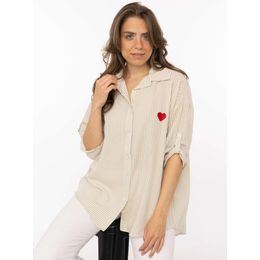 Hemdbluse Zwillingsherz "Streifen & Herz", Damen, beige, Web, Obermaterial: 100% Baumwolle, bestickt, gestreift, mehrfarbig, Po-bedeckend, ohne Ausschnitt, Krempel&auml;rmel gerader Abschluss krempelbar, Blusen Hemdbluse, lockere Passform, Turn-Ups am &Auml;rmel, Herzpatch, mit Kn&ouml;pfen