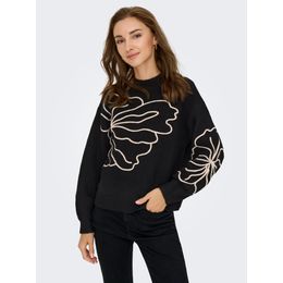 Jacqueline de Yong Strickpullover JDY "JDYJELLA L/S FLOWER PULLOVER KNT NOOS", Damen, Gr. S, schwarz detail:with cement, Strick, Obermaterial: 79% Polyester, 13% Polyacryl, 6% Wolle, 2% Elasthan, gemustert, regular fit h&uuml;ftlang, Rundhals, Rippstrickb&uuml;ndchen, Pullover Strickpullover, Materialmix, regular fit