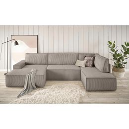 Wohnlandschaft OTTO HOME "SHERWOOD U-Form, 329 cm - OTTO. Verl&auml;ssliche Qualit&auml;t.", beige (greige), B:329cm H:85cm T:195cm, 100% Polyester, Sofas, Wohnlandschaft, Schlaffunktion m. Bettkasten (194x139 cm), Cord, Vintage, Samtvelours