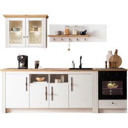 K&uuml;chenzeile OTTO HOME "KS-Westminster, Pantryk&uuml;che im Landhaus Stil, hochwertige Metallgriffe", wei&szlig; (k&uuml;che: wei&szlig;, korpus: pinie wei&szlig;, arbeitsplatte: eiche wotanfarben), B:268cm H:200cm T:60cm, Komplettk&uuml;chen-Sets, K&uuml;chenzeile, Breite 268 cm, Sideboard, Wandpaneel, H&auml;ngeschrank und Herdumbau