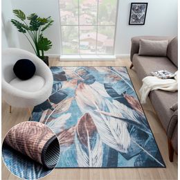 Outdoorteppich "Luc", blau (blau,creme,braun), B:160cm H:10mm L:230cm, Polyester, MyFlair M&Ouml;BEL & ACCESSOIRES, Teppiche, Outdoorteppich, bedruckt, Federn, modernes Design, In- & Outdoor geeignet, waschbar