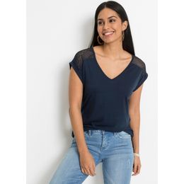 T-Shirt bonprix "Shirt aus Viskose-Mix", Damen, Gr. 40/42 (M), blau (dunkelblau), Obermaterial: 95% Viskose, 5% Elasthan. Spitze: 95% Polyamid, 5% Elasthan, loose fit, Shirts T-Shirt, lockere Passform, Kurzarm, aus Viskose-Mix, mit hochwertiger Spitze