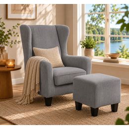 Ohrensessel Home Affaire "Chilly, Sessel mit Hocker", grau, B:84cm H:101cm T:84cm, 100% Polyester, Sessel, Ohrensessel, in Cord und Microfaser-Bezug, Unser Dauertiefpreis