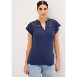 Henleyshirt bonprix "Henleyshirt aus Viskose-Mix", Damen, Gr. 44/46 (L), blau (dunkelblau), Obermaterial: 95% Viskose, 5% Elasthan. Spitze: 95% Polyester, 5% Elasthan, figurumspielend, Shirts, figurumschmeichelnde Passform, Kurzarm, aus Viskose-Mix mit Elasthan