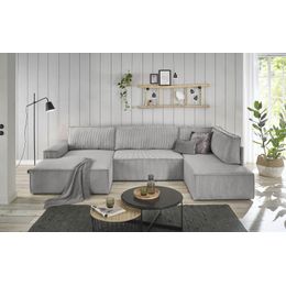 Wohnlandschaft OTTO HOME "SHERWOOD U-Form, 329 cm - OTTO. Verl&auml;ssliche Qualit&auml;t.", grau (hellgrau), B:329cm H:85cm T:195cm, 100% Polyester, Sofas, Wohnlandschaft, Schlaffunktion m. Bettkasten (194x139 cm), Cord, Vintage, Samtvelours