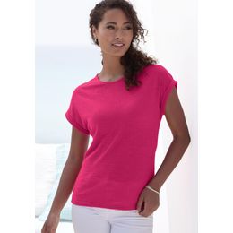 T-Shirt Vivance "mit modischer Struktur", Damen, Gr. 32/34, orange (koralle, creme), Strick, Obermaterial: 65% Polyester (REPREVE), 35% Baumwolle, Strukturmuster, unifarben, Basic, bequem, Rundhals, mit Aufschlag Aufschlag, Shirts T-Shirt, aus b&uuml;gelfreier, luftiger Qualit&auml;t mit Baumwolle