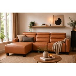 Ecksofa Home Affaire "Carpari, L-Form, 263 cm, manuelle o. elektrische Relaxfunktion", braun (cognac), B:263cm H:97cm T:179cm, Sofas, Ecksofa, USB A/C und Kopfteilverstellung