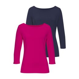 3/4-Arm-Shirt Lascana, Damen, Gr. 44/46, bunt (hibiskus, navy), Single Jersey, Obermaterial: 50% Baumwolle, 45% Modal (TENCEL&trade;), 5% Elasthan, unifarben, Basic, bequem, U-Boot-Ausschnitt, Shirts 3/4-Arm-Shirt, aus luftiger Baumwoll-Modal-Qualit&auml;t