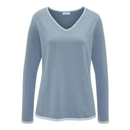 V-Ausschnitt-Pullover Vivance, Damen, Gr. 32/34, blau, hellblau, Feinstrick, Obermaterial: 55% Baumwolle, 45% Viskose, unifarben mit Farbeinsatz, gerade h&uuml;ftlang, V-Ausschnitt, kontrastfarben, Pullover, mit Kontrastkanten, Basic-Pullover aus weichem Feinstrick, casual