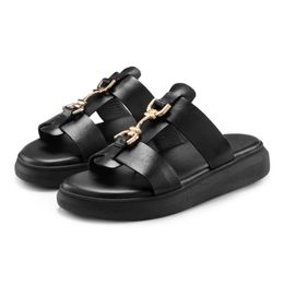 Pantolette French Connection "Sommerschuh", Damen, Gr. 36, schwarz, Obermaterial: 100% Rindsleder. Decksohle: 100% Lederimitat. Futter: 100% Lederimitat. Laufsohle: 100% Synthetik, unifarben, Schuhe Pantolette, mit offenem Zehenbereich, mit Schmuckelement, Slip-On, aus Leder