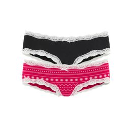 Hipster Lascana, Damen, Gr. 32/34, 2 Stk., rot (rot, schwarz), Jersey, Obermaterial: 95% Baumwolle, 5% Elasthan. Spitze: 90% Polyamid, 10% Elasthan. Zwickel: 95% Baumwolle, 5% Elasthan, bedruckt, Unterhosen, mit floraler Spitze