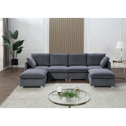 Wohnlandschaft, grau, B:310cm H:87cm T:88cm, ATLANTIC HOME COLLECTION, Sofas, Wohnlandschaft, modularer 4-Sitzer mit 2 Hockern, weicher Cordbezug