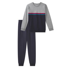 Pyjama Le Jogger "Schlafanzug", Jungen, Gr. 122/128, navy, grau meliert, Single Jersey, Obermaterial: 100% Baumwolle, meliert, unifarben mit Farbeins&auml;tzen, Basic, bequem lang, Rundhals, angesetztes B&uuml;ndchen, Homewear-Sets Pyjama, aus Baumwolle, meliertes Design, mit B&uuml;ndchen