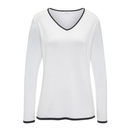 V-Ausschnitt-Pullover Vivance, Damen, Gr. 36/38, wei&szlig;, schwarz, Feinstrick, Obermaterial: 55% Baumwolle, 45% Viskose, unifarben mit Farbeinsatz, gerade h&uuml;ftlang, V-Ausschnitt, kontrastfarben, Pullover, mit Kontrastkanten, Basic-Pullover aus weichem Feinstrick, casual