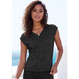Kurzarmshirt Lascana "mit Strassknopf in Bl&uuml;tenform", Damen, Gr. 32/34, schwarz, Strick, Obermaterial: 77% Viskose (LENZING&trade; ECOVERO&trade;), 23% Polyester, meliert, bequem, V-Ausschnitt, Shirts, aus luftigem Feinstrick in Melange Optik