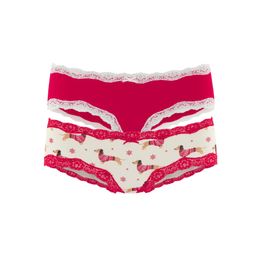 Hipster Lascana, Damen, Gr. 44/46, 2 Stk., rot, beige, Jersey, Obermaterial: 95% Baumwolle, 5% Elasthan. Spitze: 90% Polyamid, 10% Elasthan. Zwickel: 95% Baumwolle, 5% Elasthan, bedruckt, Unterhosen, mit floraler Spitze