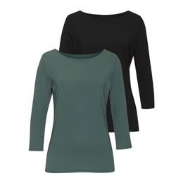 3/4-Arm-Shirt Lascana, Damen, Gr. 32/34, gr&uuml;n (eukalyptus, schwarz), Single Jersey, Obermaterial: 50% Baumwolle, 45% Modal (TENCEL&trade;), 5% Elasthan, unifarben, Basic, bequem, U-Boot-Ausschnitt, Shirts 3/4-Arm-Shirt, aus luftiger Baumwoll-Modal-Qualit&auml;t