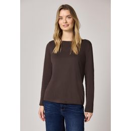 Langarmshirt Street One, Damen, Gr. 36, molten earth, Web, 50% Baumwolle, 50% Modal, unifarben, normal normal, U-Boot-Ausschnitt, abgesteppt, Shirts Langarmshirt, mit U-Boot-Ausschnitt
