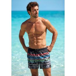 Badeshorts John Devin, Herren, Gr. L, N-Gr, bunt (schwarz bedruckt), Polyester, floral, gestreift, Badehosen Badeshorts, mit floralem Design