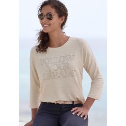 3/4-Arm-Shirt Lascana "mit Schriftzug aus Strasssteinen", Damen, Gr. 32/34, beige (beige meliert), Single Jersey, Obermaterial: 95% Viskose (LENZING&trade; ECOVERO&trade;), 5% Elasthan, Glitzermuster, unifarben mit Farbeinsatz, bequem, Rundhals, Shirts 3/4-Arm-Shirt, aus sommerlicher French Terry-Qualit&auml;t aus Viskose