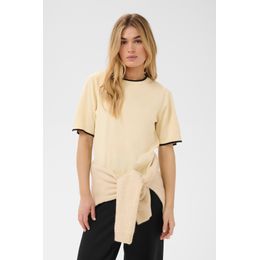 Strickpullover Saint Tropez "MilaSZ Contrast Stripe SS Pullover", Damen, Gr. L, beige (birch nightsky contrast str.), Strick, Obermaterial: 70% Viskose, 30% Polyester, unifarben, regular fit normal, Rundhals, Pullover Strickpullover, Viskosemischung, Regular fit