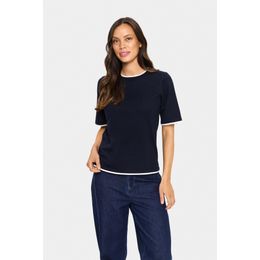 Strickpullover Saint Tropez "MilaSZ Contrast Stripe SS Pullover", Damen, Gr. L, blau (nightsky ice contrast), Strick, Obermaterial: 70% Viskose, 30% Polyester, unifarben, regular fit normal, Rundhals, Pullover Strickpullover, Viskosemischung, Regular fit