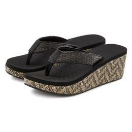 Badezehentrenner Venice Beach "Sandale, Badeschuh, Sommerschuhe, Badelatsche, Flip Flop, Badeschlappe", Damen, Gr. 40, schwarz, Obermaterial: 100% Textilmaterial. Decksohle: 100% Synthetik. Futter: 100% Textilmaterial. Laufsohle: 100% Synthetik, mehrfarbig, Schuhe Zehentrenner, Zehentrenner mit geschm&uuml;cktem Keilabsatz VEGAN