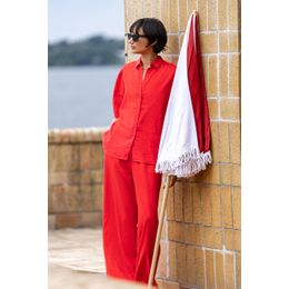Kurzarmbluse SENSES.THE LABEL, Damen, Gr. M/L, rot (spicy rot), Web, Material: 75% Leinen, 25% Baumwolle, unifarben, regular fit normal, hoch geschlossener Ausschnitt, gerader Abschluss, Blusen, mit R&uuml;ckenpasse