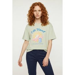 V&eacute;ro Moda T-Shirt VERO MODA "VMNINNA MIA SS TOP BOX JRS", Damen, Gr. XS, beige (fog gr&uuml;n print:lets travel), Jersey, Obermaterial: 100% Baumwolle, bedruckt, normal, Rundhals, Shirts T-Shirt, Baumwolle, R&uuml;ckenprint