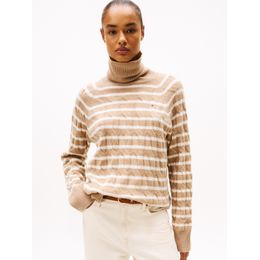 Rollkragenpullover Tommy Hilfiger "SOFT WOOL CABLE ROLL-NK LS SWT", Damen, Gr. XXL (44), safari canvas htr, ivory petal stp, Strick, Obermaterial: 100% Wolle, gestreift, meliert, normal, Pullover Rollkragenpullover, mit Zopfmuster, aus reiner Wolle