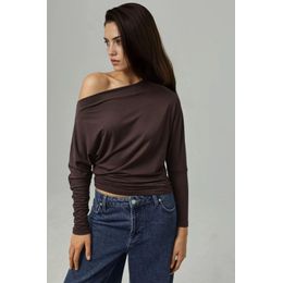 Asymmetrischer Kragen Langarm-Elastikstrick-T-Shirt